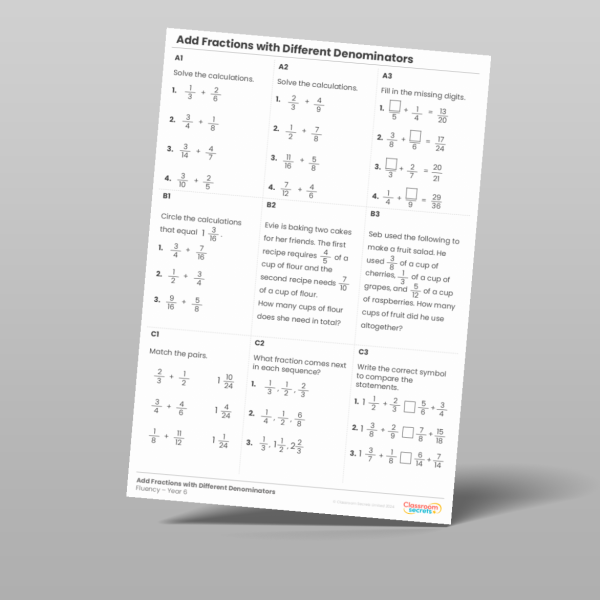 Add Fractions with Different Denominators Fluency Matrix Resource ...