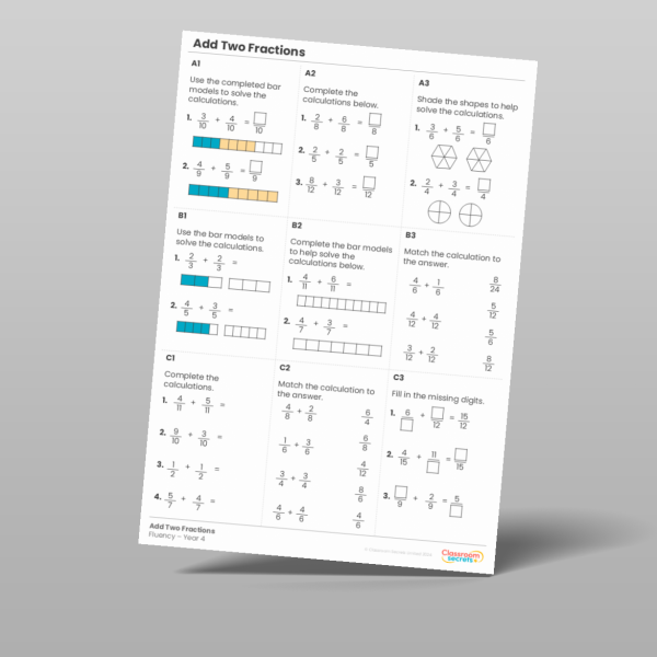 Year 4 Add Two Fractions Fluency Matrix Resource | Classroom Secrets