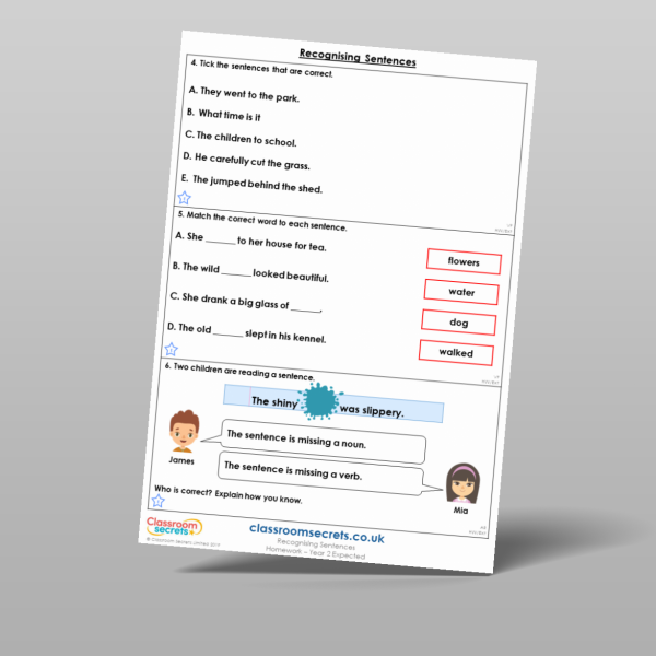 Year 2 Recognising Sentences Homework Resource Classroom Secrets
