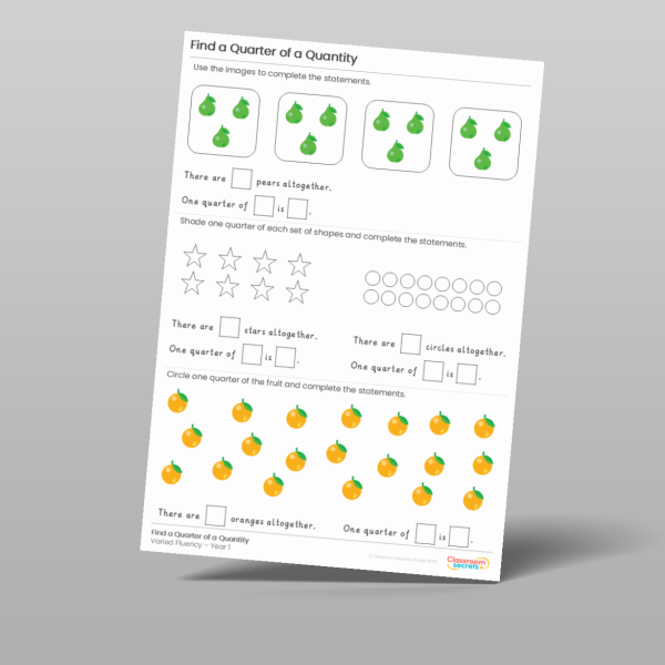 Year 1 Find A Quarter Of A Quantity Varied Fluency 2 Resource ...