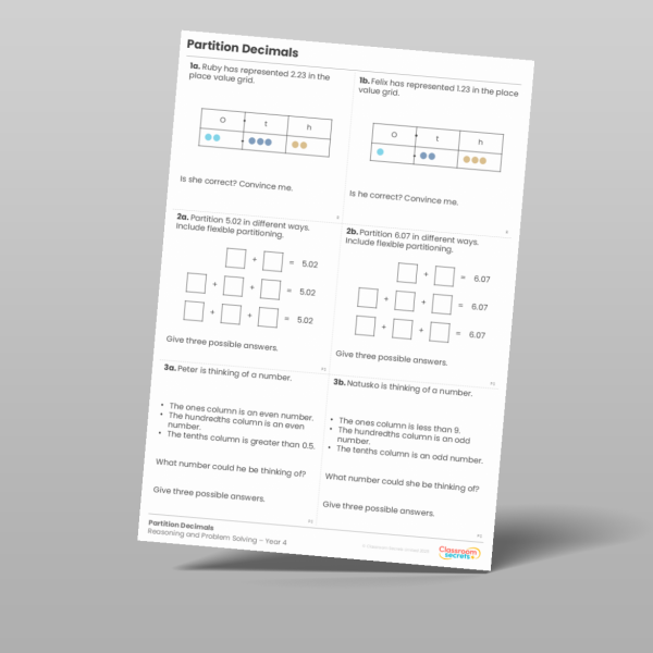 Y4 Partition Decimals Reasoning And Problem Solving Resource ...