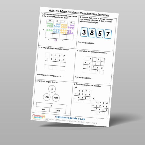 year-4-add-two-4-digit-numbers-more-than-one-exchange-mixed-activity