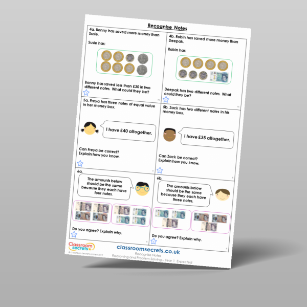 Year 1 Recognise Notes Reasoning And Problem Solving Resource ...
