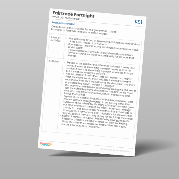 KS1 Fairtrade Fortnight Needs And Wants Activity Resource | Classroom ...