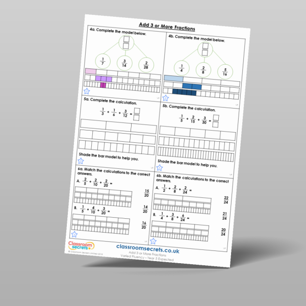 Year 5 Add 3 Or More Fractions Varied Fluency Resource | Classroom Secrets