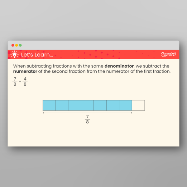 Year 4 Subtract Two Fractions Teaching Ppt Resource | Classroom Secrets