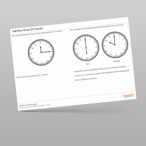 Year 1 Tell The Time O Clock Reasoning And Problem Solving Resource ...