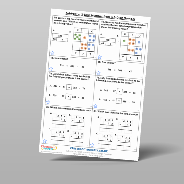 Year 3 Subtract A 2 Digit Number From A 3 Digit Number Varied Fluency ...