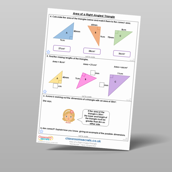 Year 6 Area Of A Right Angled Triangle Homework Resource | Classroom ...