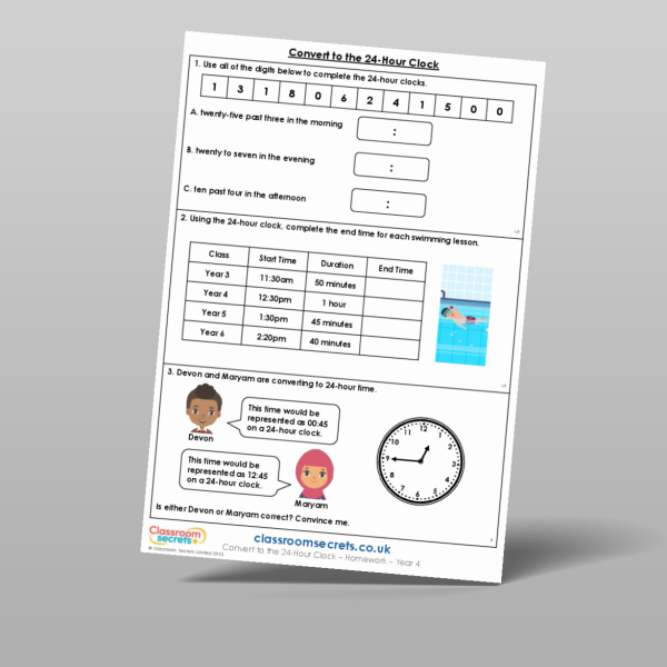 Year 4 Convert To The 24 Hour Clock Homework Resource | Classroom Secrets
