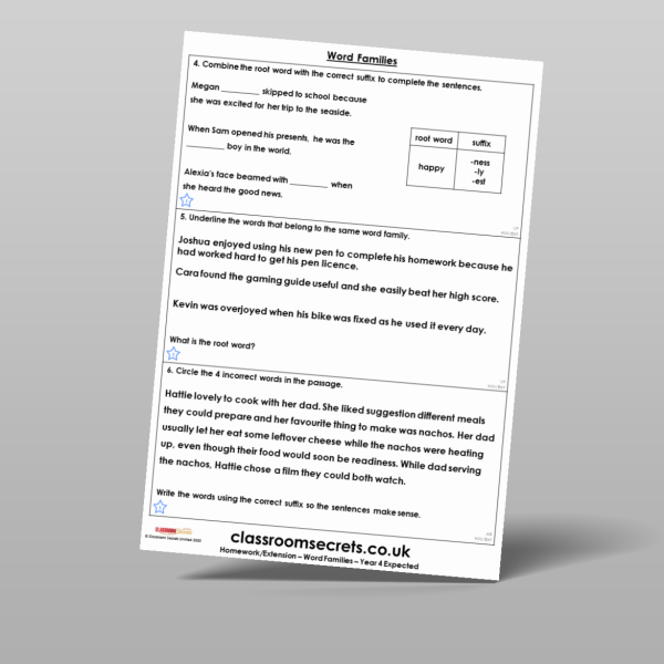 Year 4 Word Families Homework Resource | Classroom Secrets