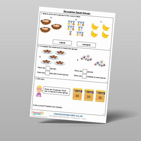 Year 1 Recognise Equal Groups Homework Resource | Classroom Secrets