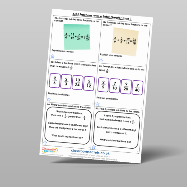 Year 5 Add Fractions With A Total Greater Than 1 Reasoning And Problem ...
