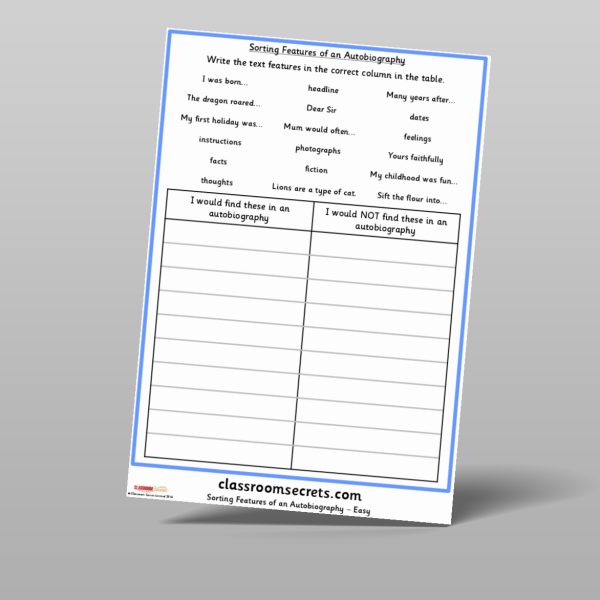 KS2 Sorting Features Of An Autobiography Pack Resource | Classroom Secrets