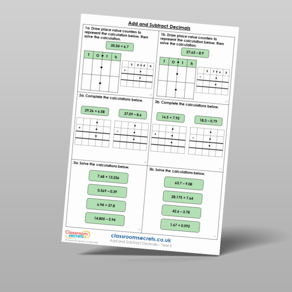 Year 6 Add And Subtract Decimals Varied Fluency Resource | Classroom Secrets