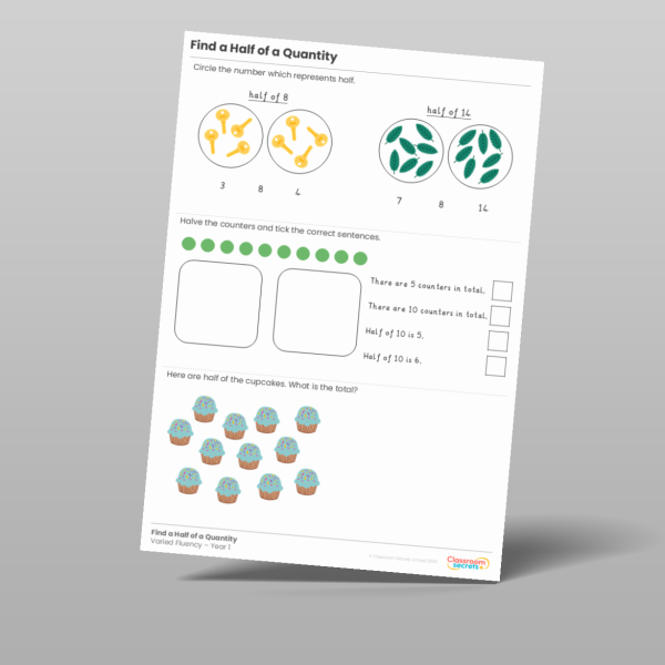 Year 1 Find A Half Of A Quantity Varied Fluency 2 Resource | Classroom ...