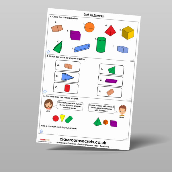 Year 1 Sort 3d Shapes Homework Resource | Classroom Secrets