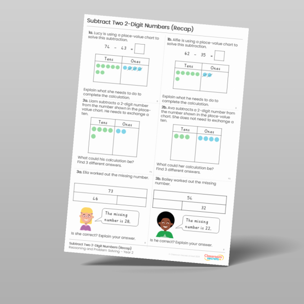 Year 2 Subtract Two 2 Digit Numbers Recap Reasoning And Problem Solving ...