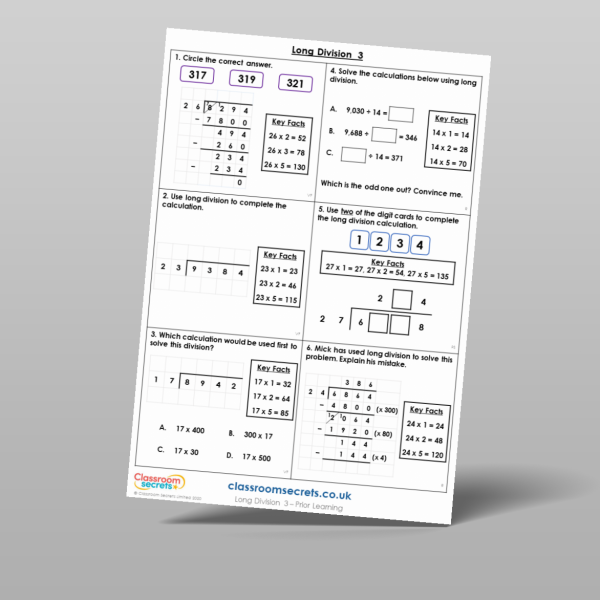 Year 6 Long Division 3 Prior Learning Resource | Classroom Secrets