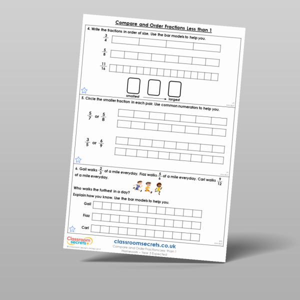 Year 5 Compare And Order Fractions Less Than 1 Homework Resource ...