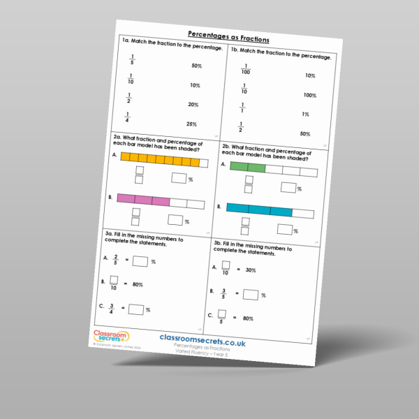 Year 5 Percentages As Fractions Varied Fluency Resource | Classroom Secrets