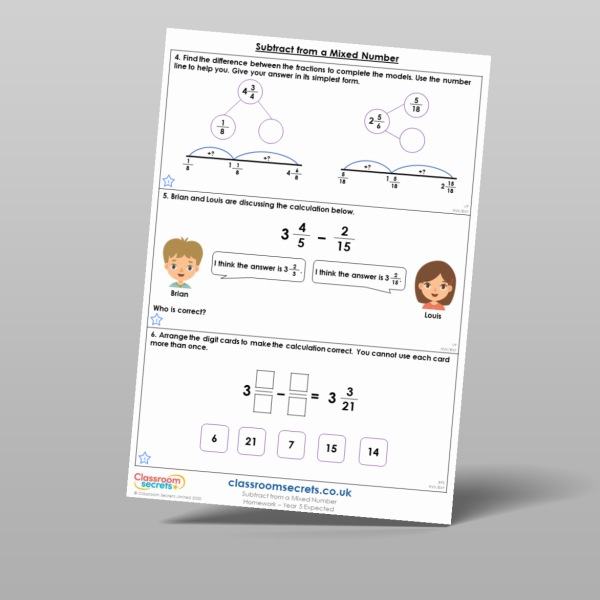 Year 5 Subtract From A Mixed Number Homework Resource | Classroom Secrets