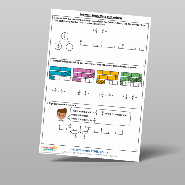 Year 4 Subtract From Mixed Numbers Homework Resource | Classroom Secrets