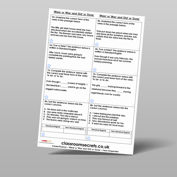 Year 4 Were Or Was And Did Or Done Varied Fluency Resource | Classroom ...