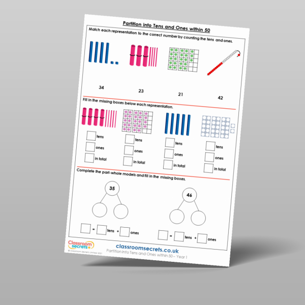 Year 1 Partition Into Tens And Ones Within 50 Main Activity Resource ...
