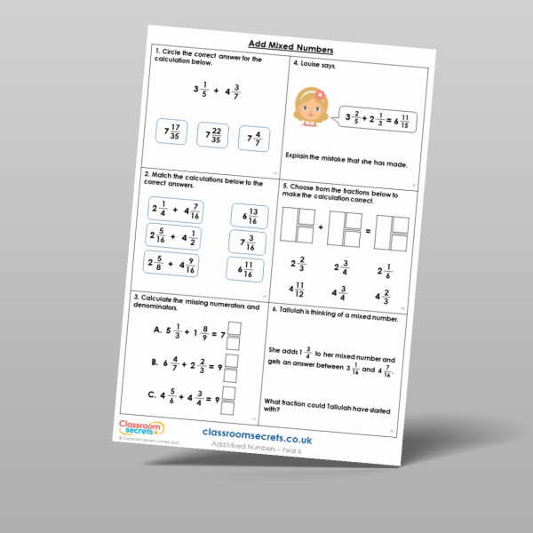 Year 6 Add Mixed Numbers Mixed Activity Resource | Classroom Secrets