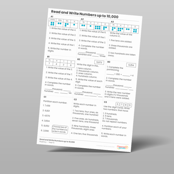 Year 5 Read And Write Numbers Up To 10 000 Fluency Matrix Resource Classroom Secrets