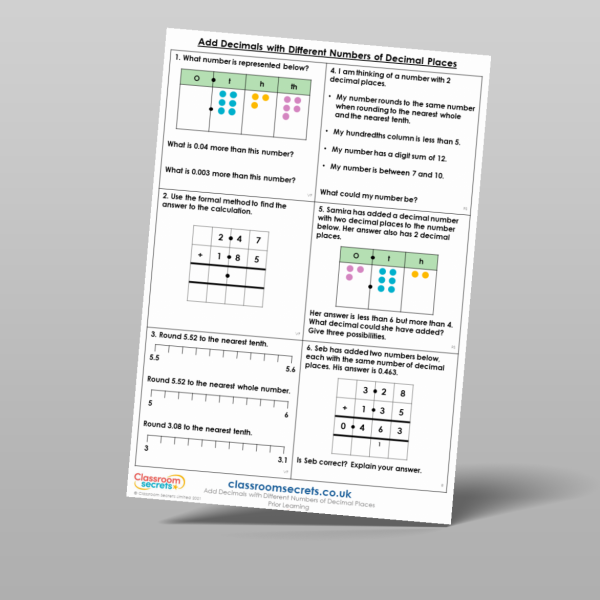 Year 5 Add Decimals With Different Numbers Of Decimal Places Prior ...