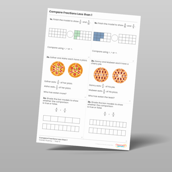 Compare Fractions Less than 1 Varied Fluency Resource | Classroom Secrets