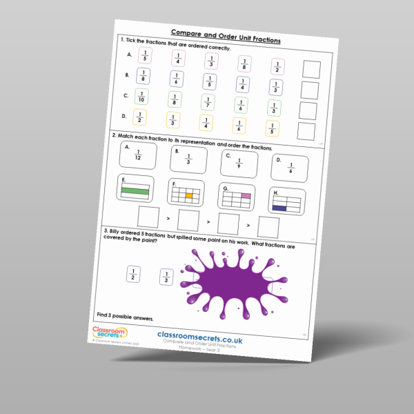 Year 3 Compare And Order Unit Fractions Homework Resource Classroom Secrets