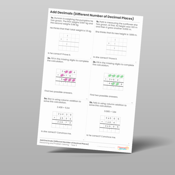 Year 5 Add Decimals Different Number Of Decimal Places Reasoning And ...