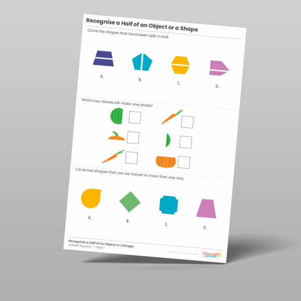 Year 1 Recognise A Half Of An Object Or Shape Varied Fluency Resource ...