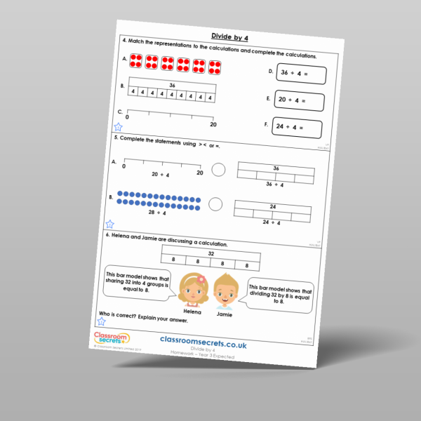 Year 3 Divide By 4 Homework Resource | Classroom Secrets