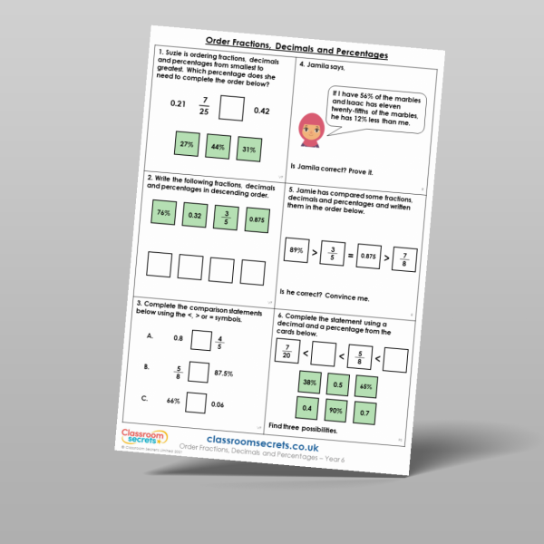 Year 6 Order Fractions Decimals And Percentages Mixed Activity Resource ...