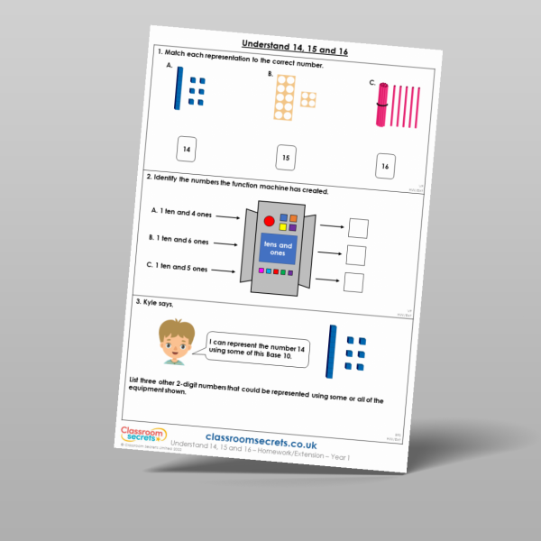 Year 1 Understand 14 15 And 16 Homework Resource | Classroom Secrets