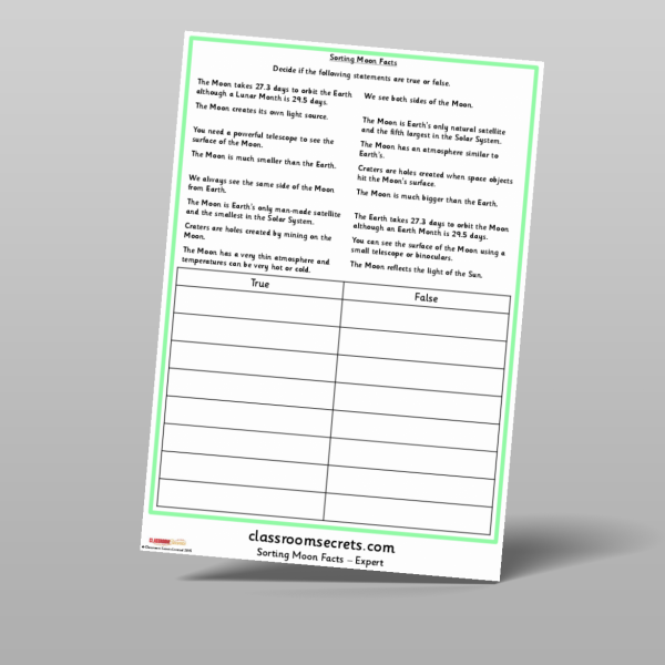 Year 5 Sorting Facts About The Moon Resource | Classroom Secrets