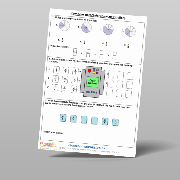 Year 3 Compare And Order Non Unit Fractions Homework Resource ...