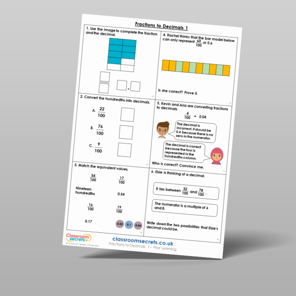 Year 6 Fractions To Decimals 1 Prior Learning Resource | Classroom Secrets