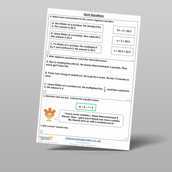 Year 6 Form Equations Homework Resource | Classroom Secrets
