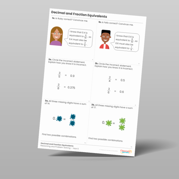 Year 6 Decimal And Fraction Equivalents Reasoning And Problem Solving 2 ...