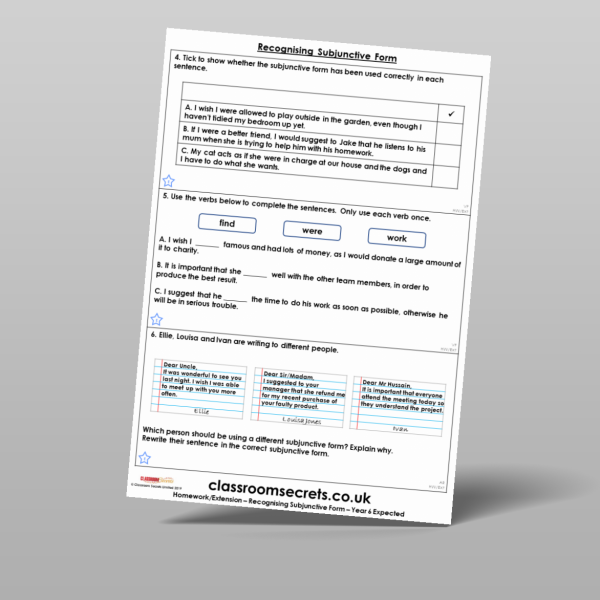 Year 6 Recognising Subjunctive Form Homework Resource | Classroom Secrets