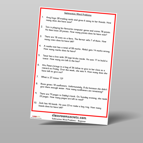 KS1 And Ks2 Subtraction Word Problems Resource | Classroom Secrets