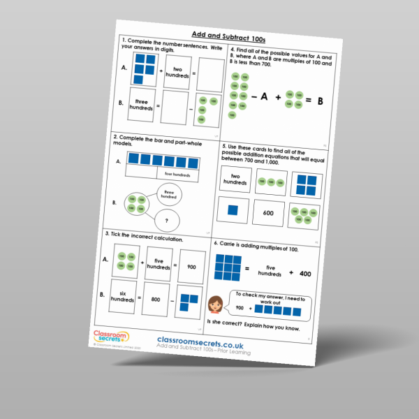 Year 3 Add And Subtract 100s Prior Learning Resource | Classroom Secrets
