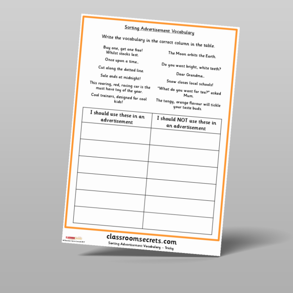 KS2 Sorting Vocabulary Of A Persuasive Advert Resource | Classroom Secrets