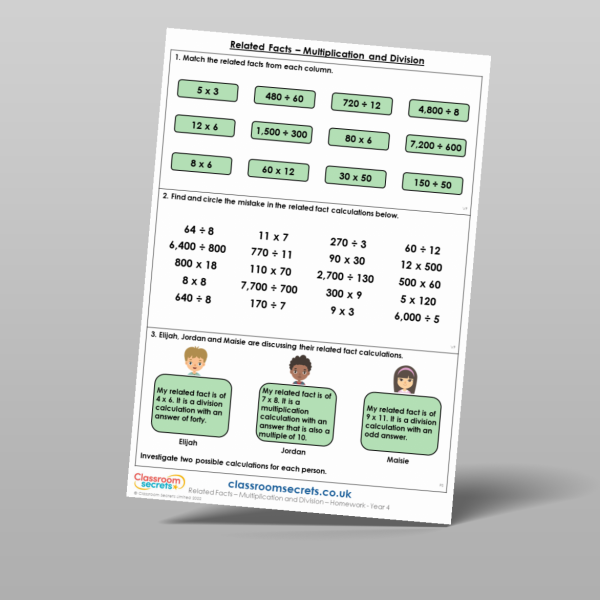 Year 4 Related Facts Multiplication And Division Homework Resource ...