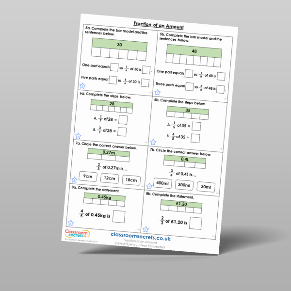 Year 5 Fraction Of An Amount Varied Fluency Resource | Classroom Secrets